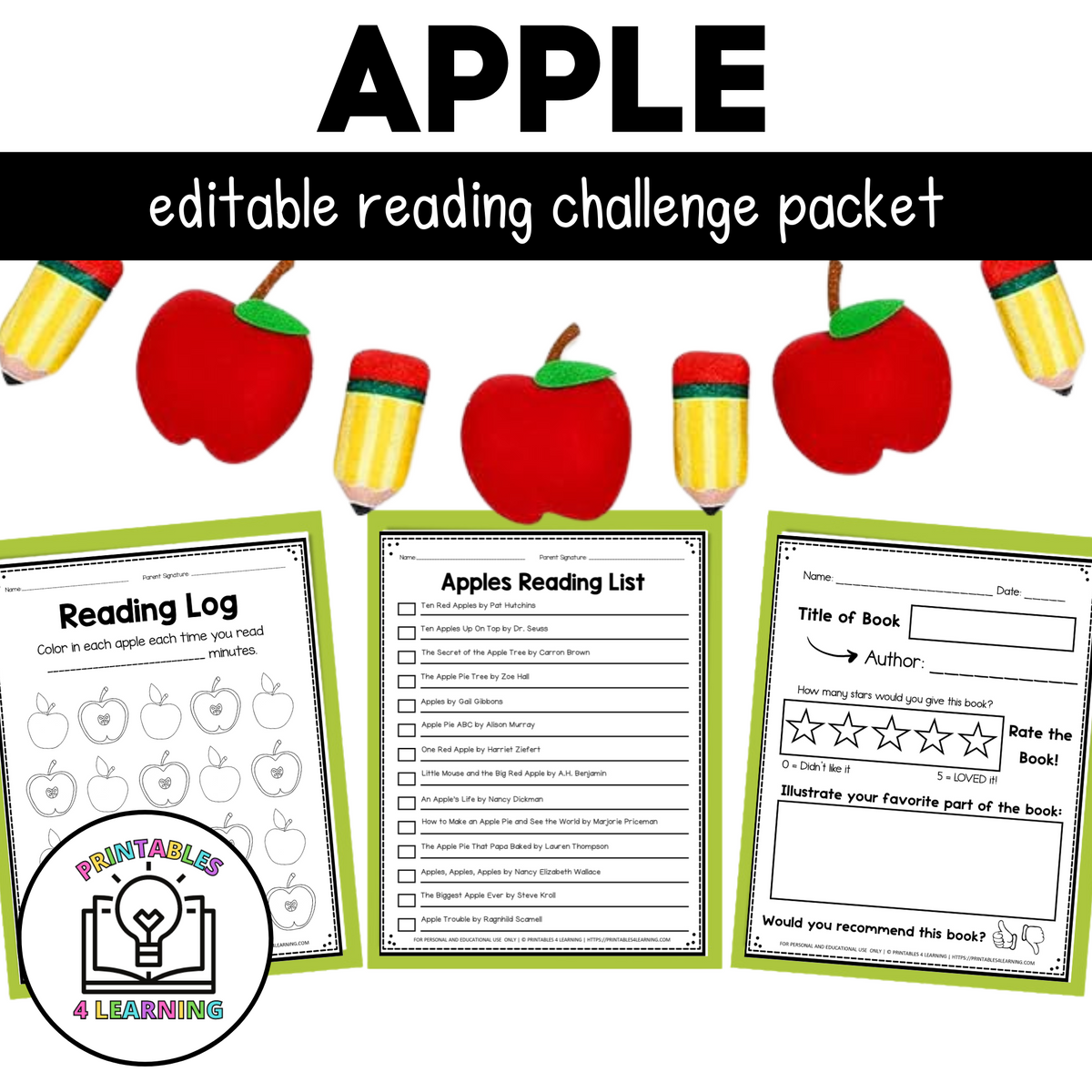 Editable Reading Log: Apple Books for Kids with Parent Handout ...