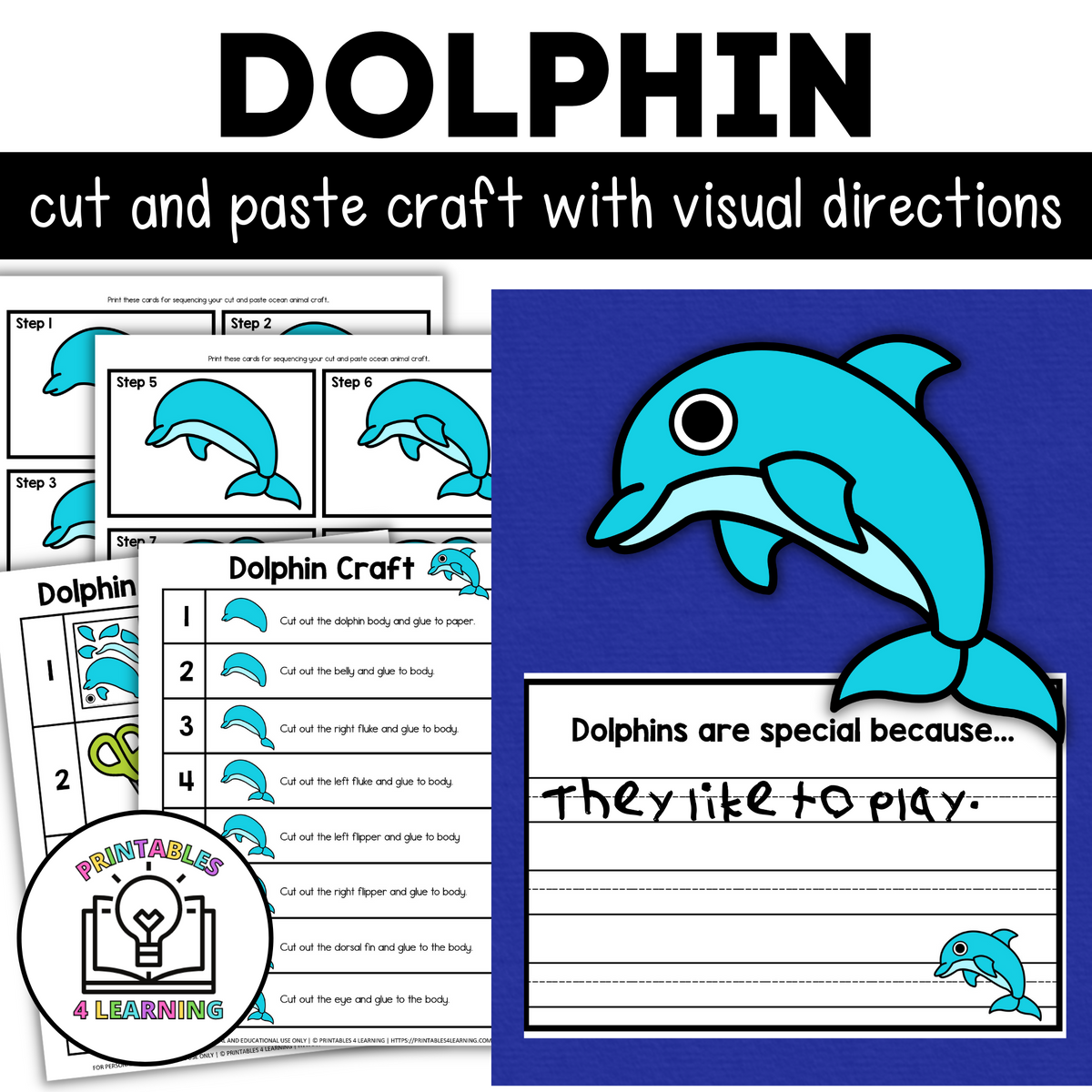 Dolphin Cut and Paste Craft with Visual Directions – Printables 4 Learning