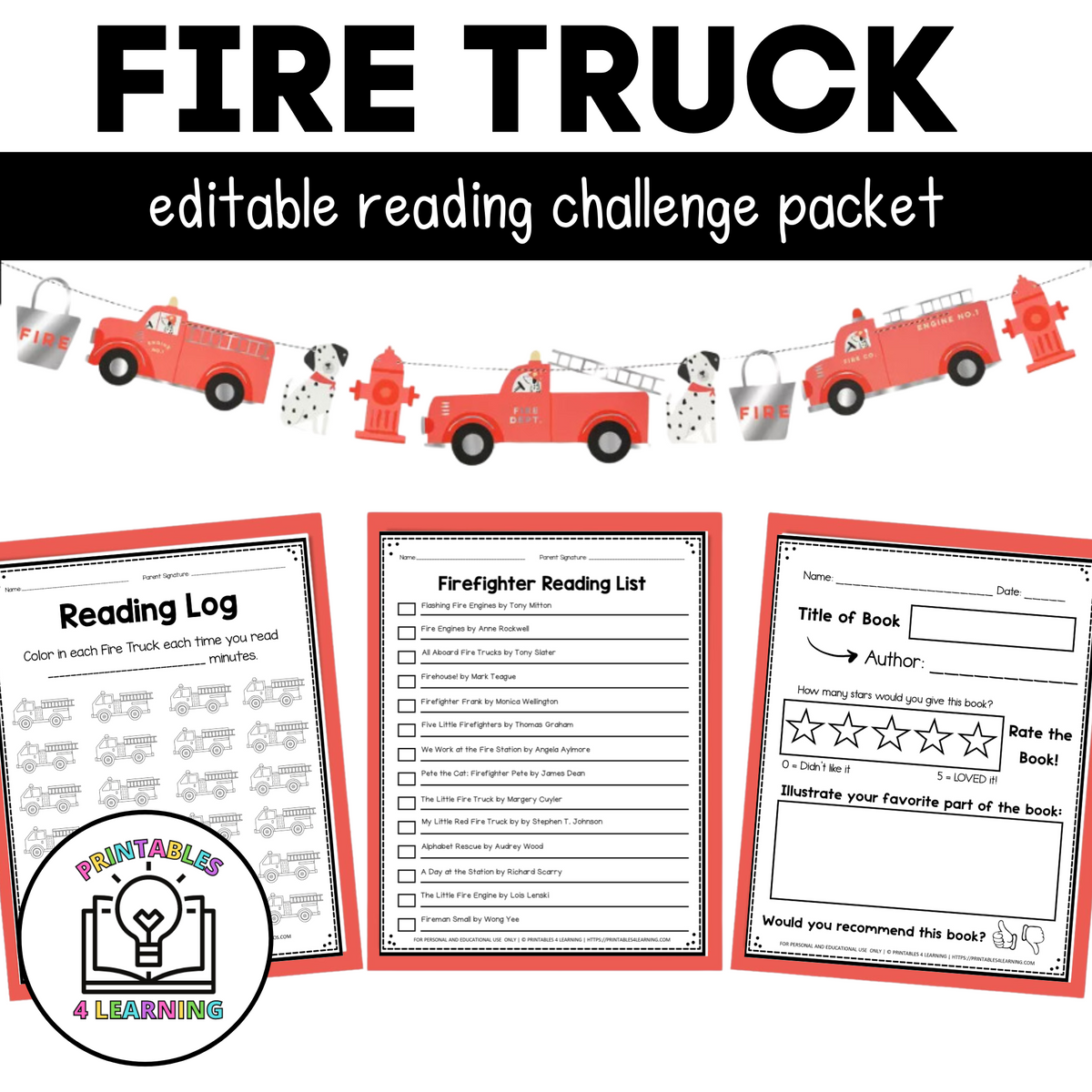 Editable Reading Log: Firefighter and Fire Truck Books for Kids with P ...