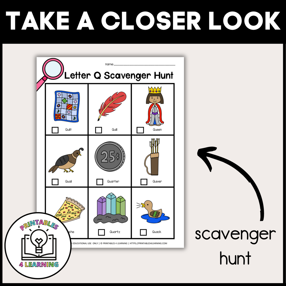 Letter Q Scavenger Hunt Packet – Printables 4 Learning