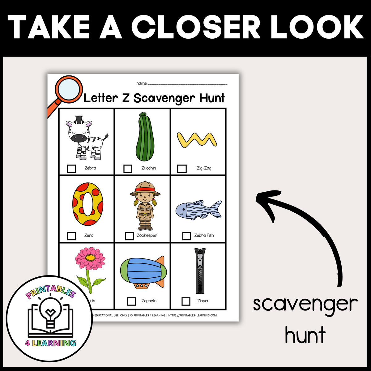 Letter Z Scavenger Hunt Packet – Printables 4 Learning