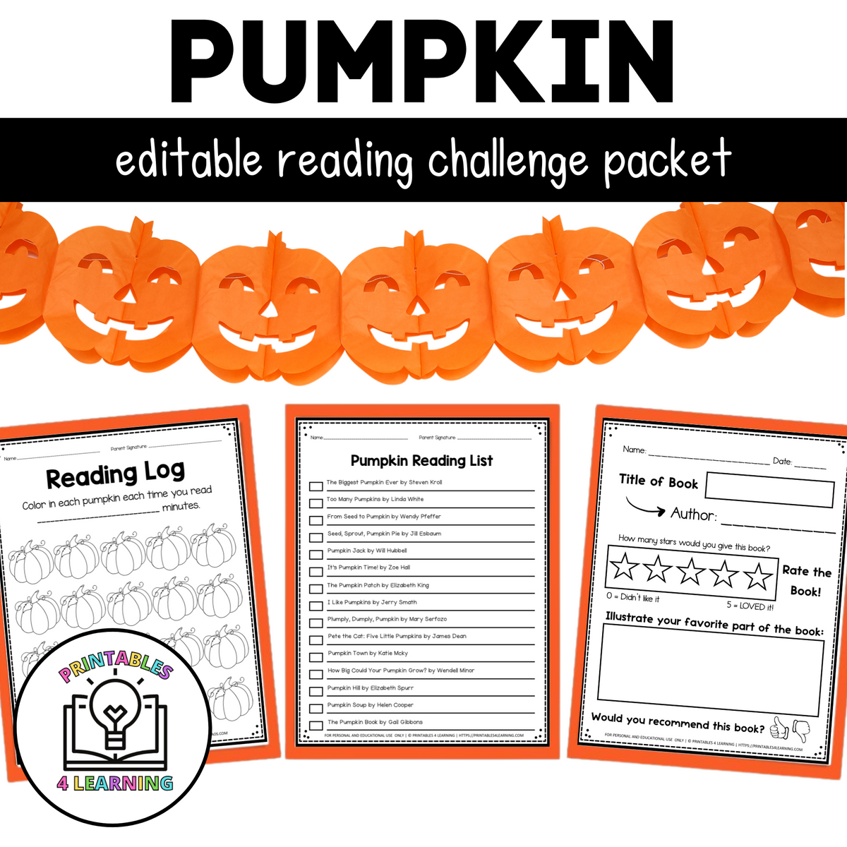 Editable Reading Log: Pumpkin Books for Kids with Parent Handout ...