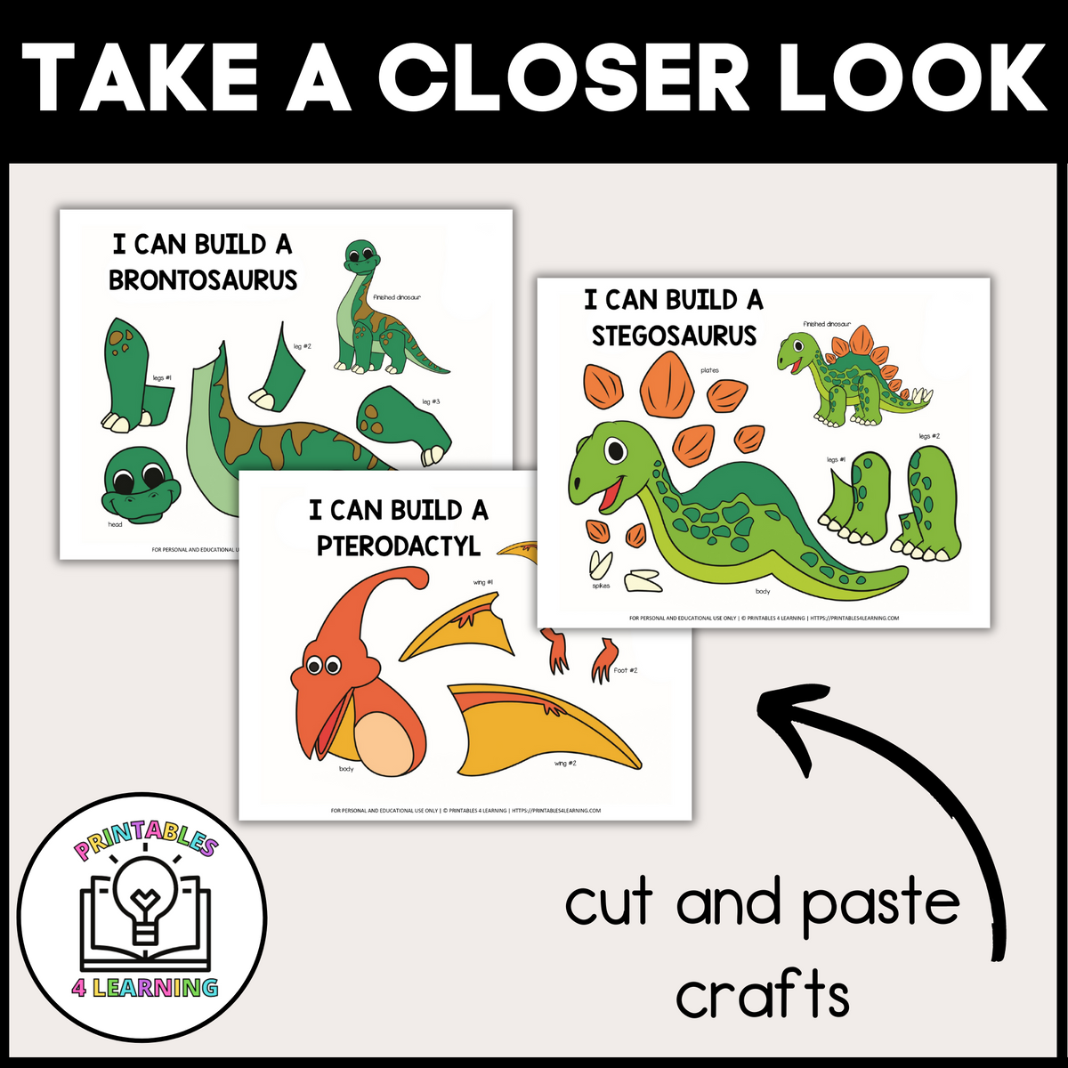 Roll and Build a Dinosaur - 9 Cut and Paste Crafts – Printables 4 Learning