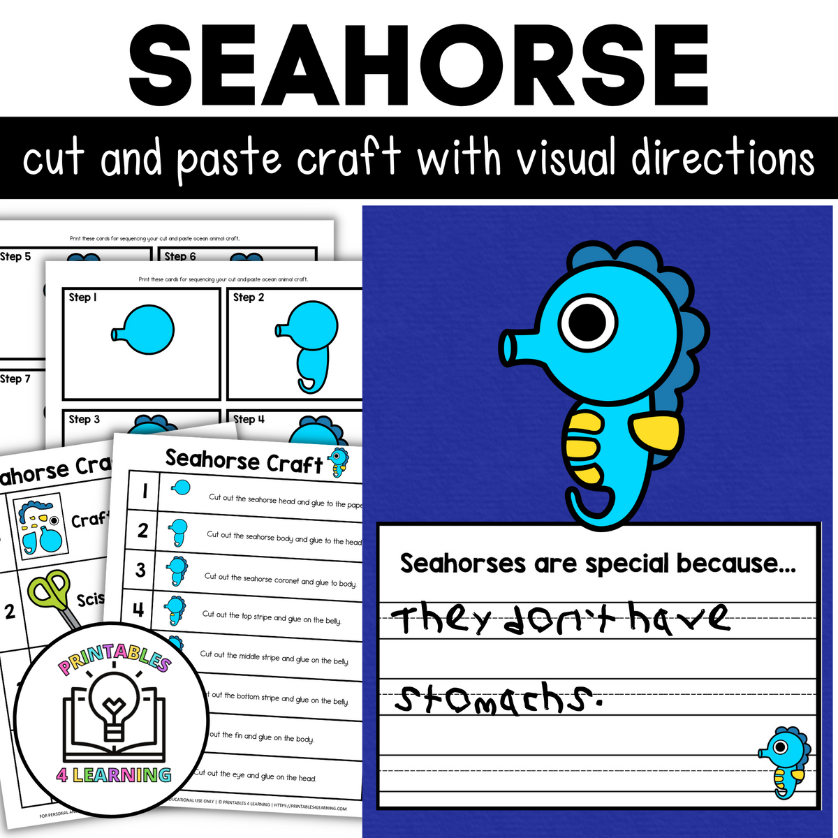 Seahorse Cut and Paste Craft with Visual Directions – Printables 4 Learning