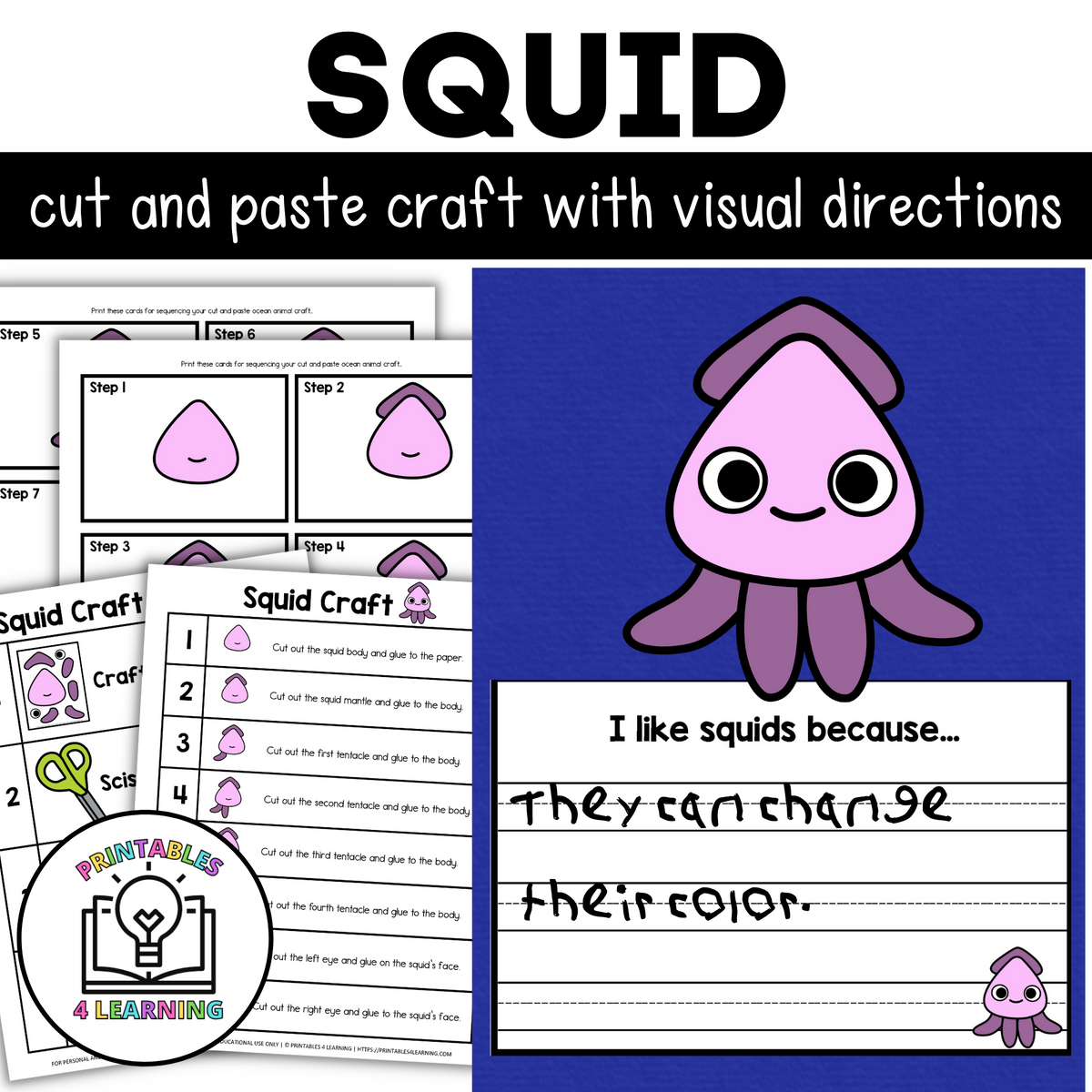 Squid Cut and Paste Craft with Visual Directions – Printables 4 Learning