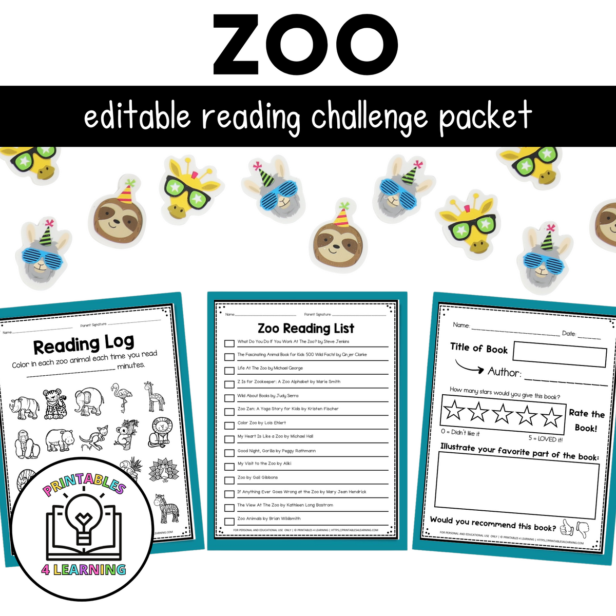 Editable Reading Log: Zoo Animal Books for Kids with Parent Handout ...