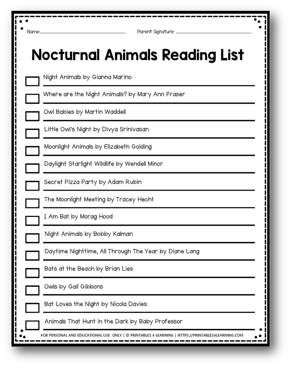 Editable Reading Log: Nocturnal Animal Books for Kids with Parent Hand ...