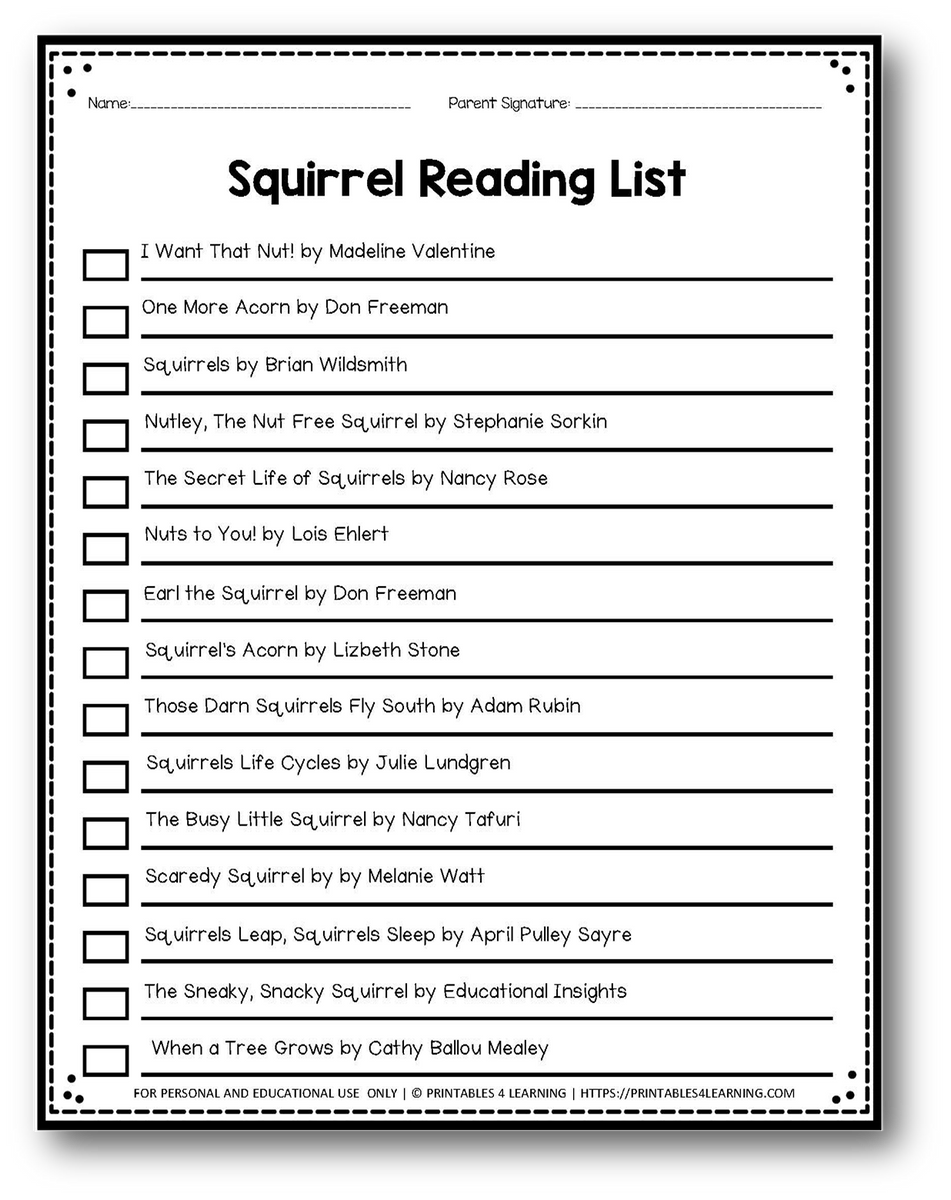 Editable Reading Log: Squirrel Books for Kids with Parent Handout ...