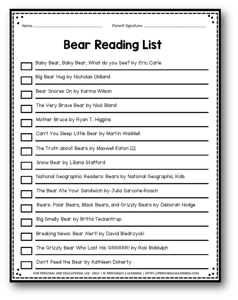 Editable Reading Log: Bear Books for Kids with Parent Handout ...