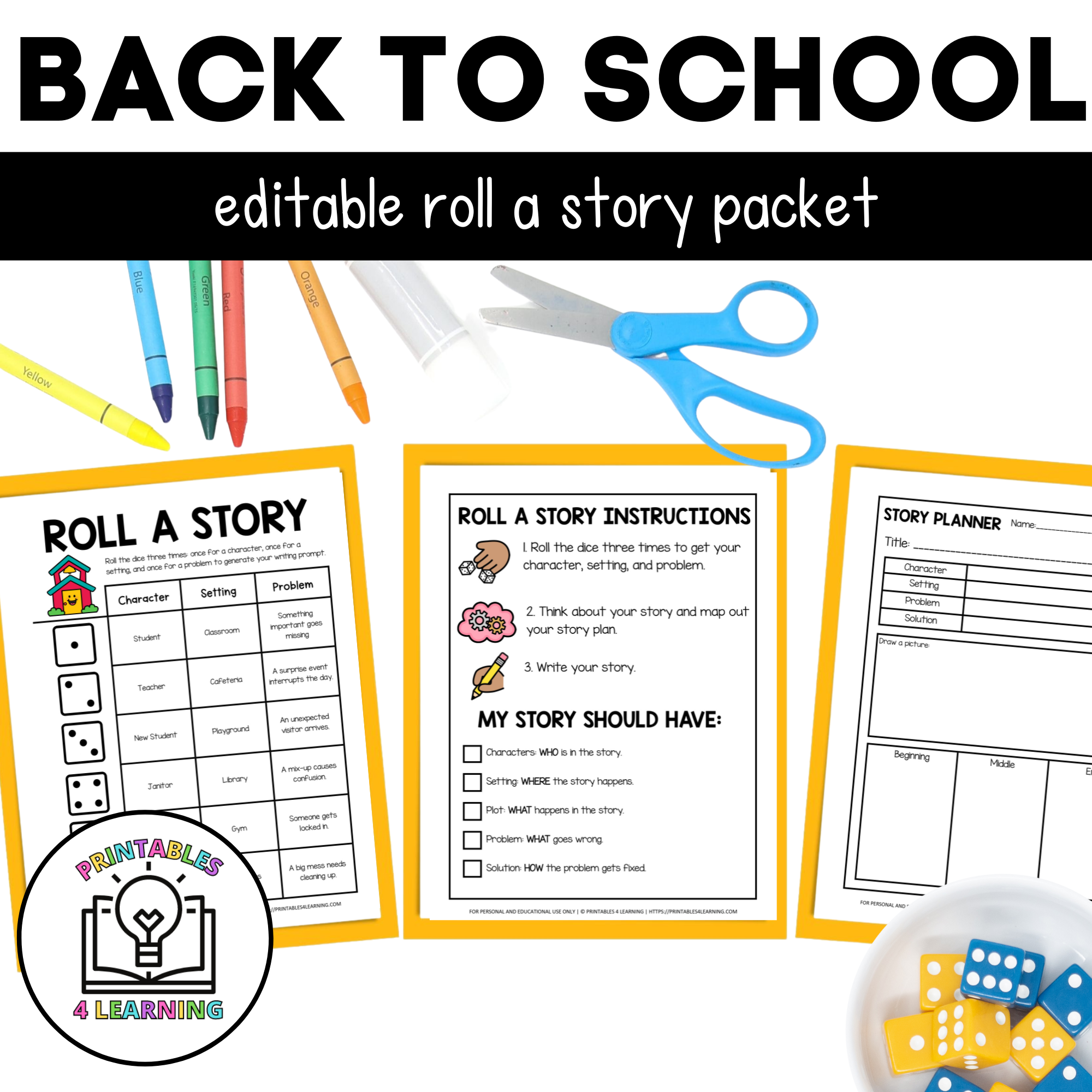 Back to School Editable Roll a Story Writing Prompts Pack - Printables ...