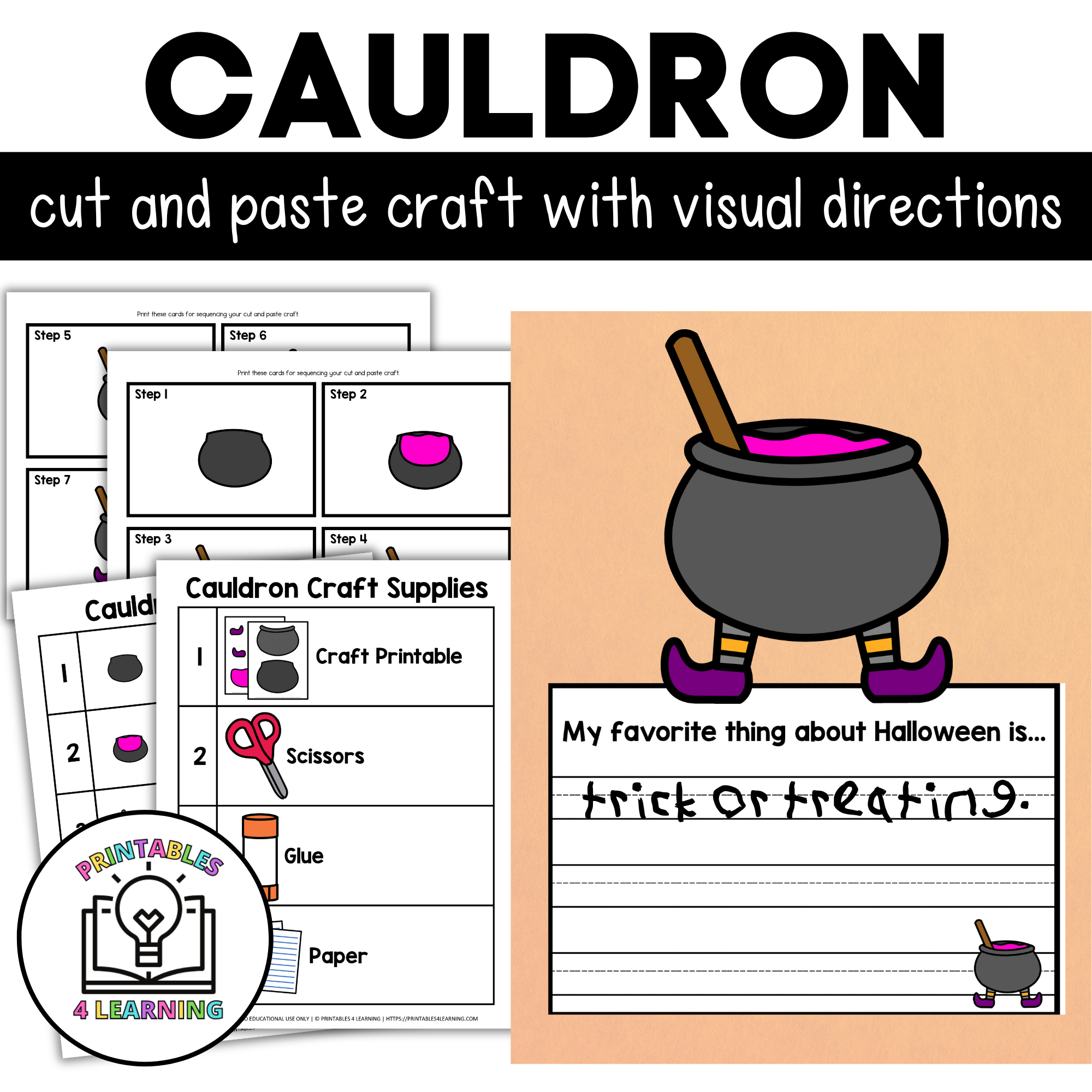 Halloween Cauldron Cut and Paste Craft with Visual Directions ...