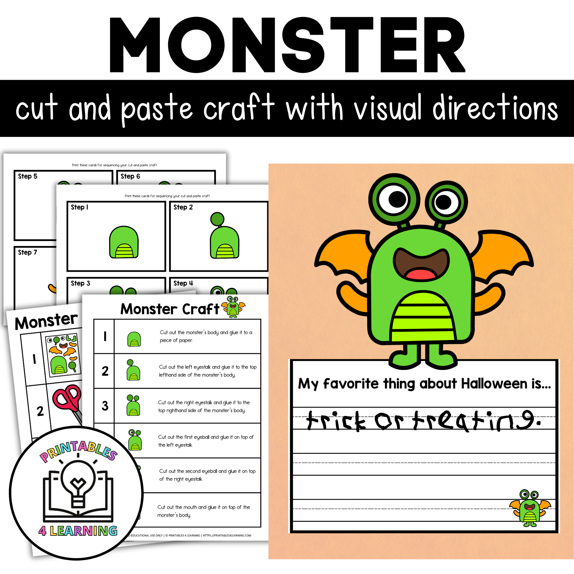 Halloween Monster Cut and Paste Craft with Visual Directions ...