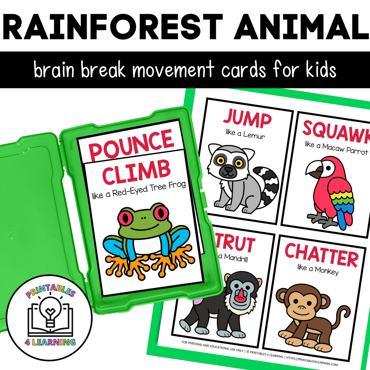 Rainforest Animal Movement Cards for Brain Break Activities ...
