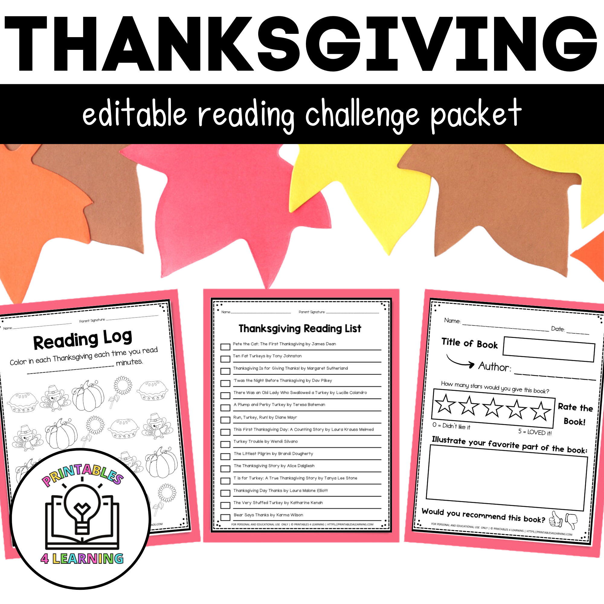 Editable Reading Log: Thanksgiving Books for Kids with Parent Handout ...