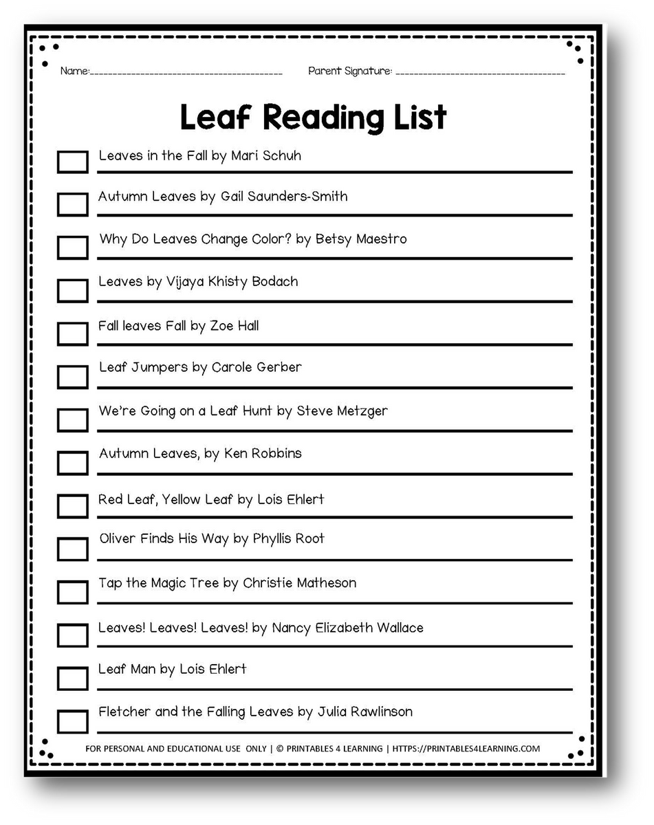 Editable Reading Log: Leaves Books for Kids with Parent Handout ...